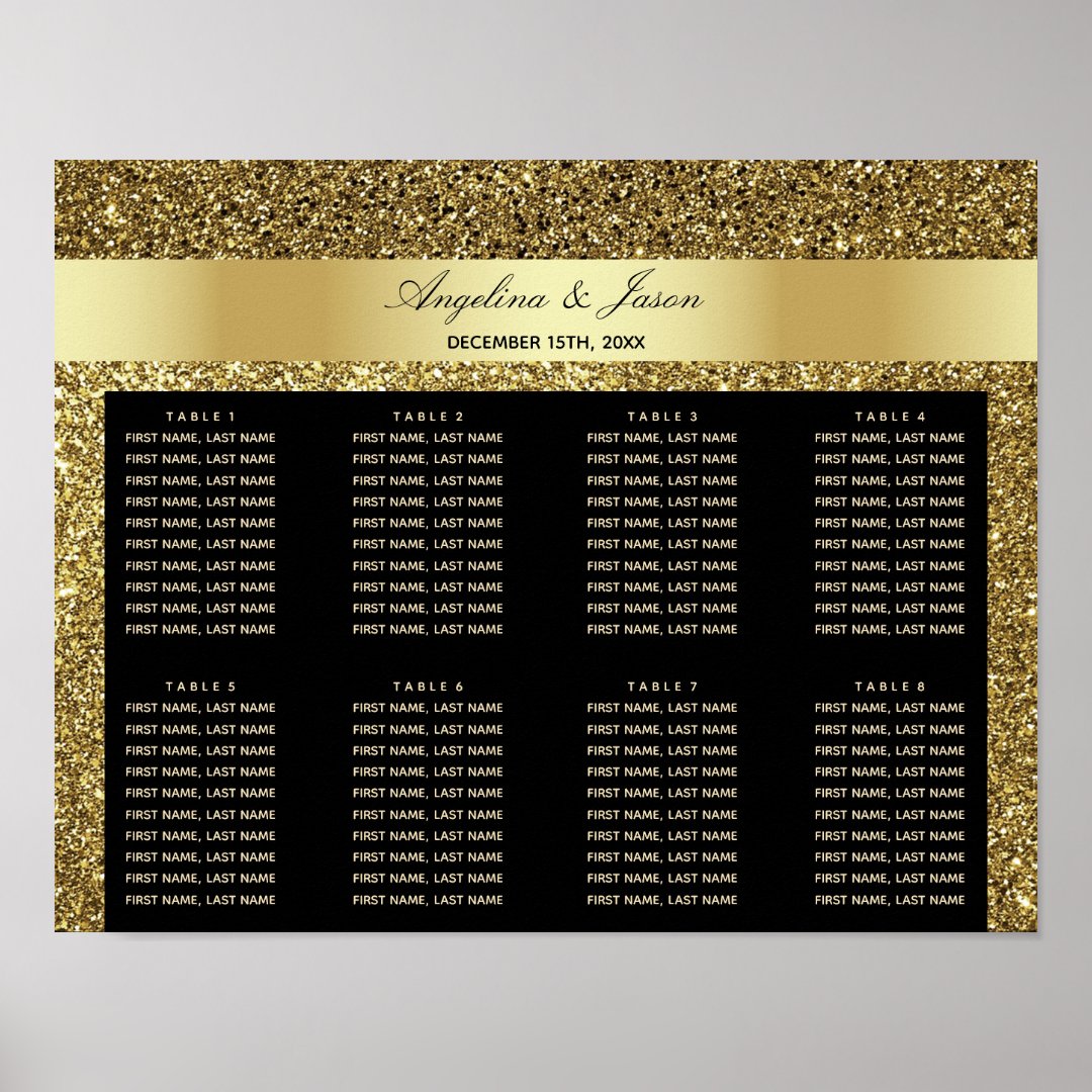 Glam Black and Gold Glitter Wedding Seating Chart | Zazzle