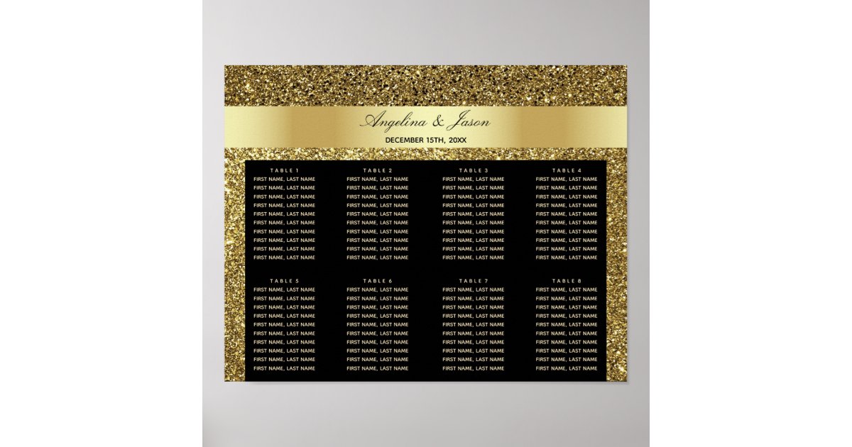 Glam Black and Gold Glitter Wedding Seating Chart | Zazzle