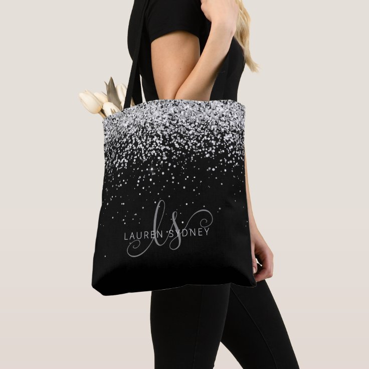 Glam Black Silver Glitter Monogram Name Tote Bag | Zazzle