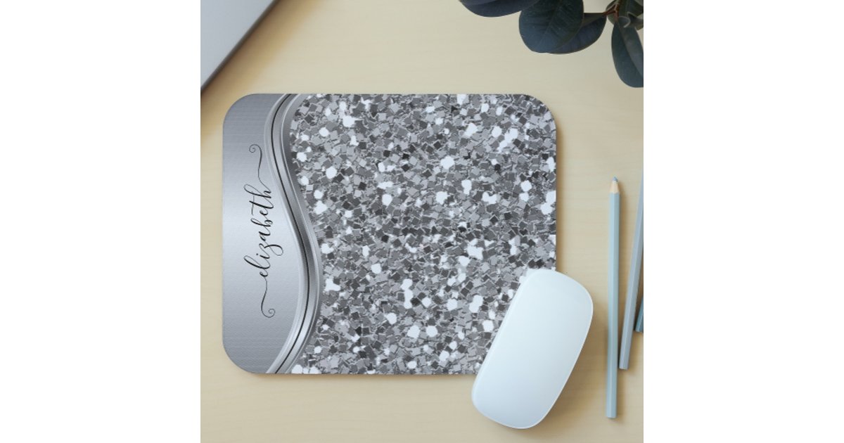 Glam Bling Personalized Glitter Calligraphy Silver Mouse Pad | Zazzle