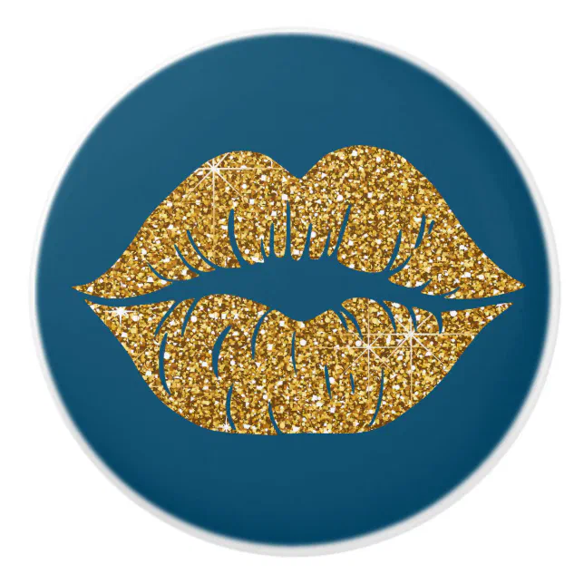 Glam Blue Gold Glitter Lips Trendy Sparkle Ceramic Knob | Zazzle