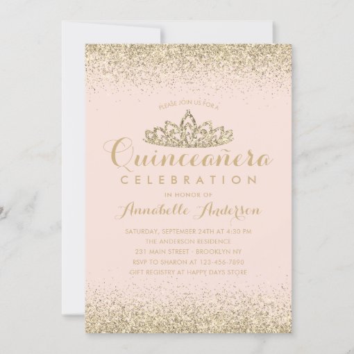 Glam Blush Pink Quinceañera Gold Tiara Glitter Invitation | Zazzle