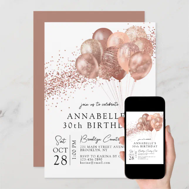 Glam Blush Pink Rose Gold Glitter Balloon Birthday Invitation Zazzle