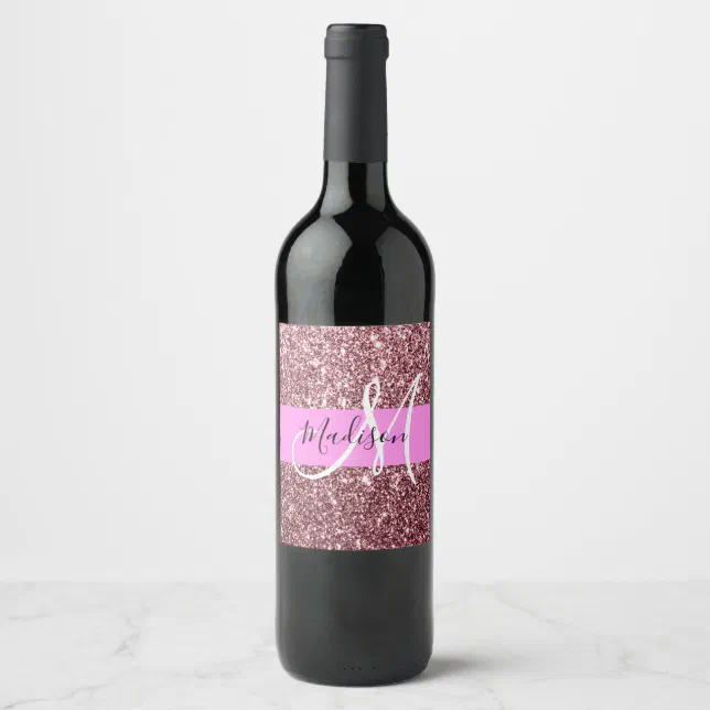 Glam Blush Pink Rose Gold Glitter Sparkle Monogram Wine Label | Zazzle