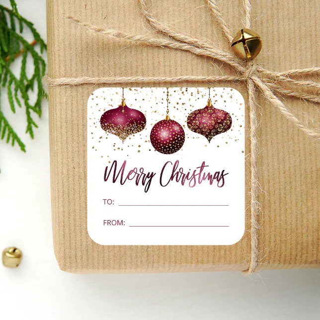 Glam Burgundy Gold Ornaments Merry Christmas Square Sticker | Zazzle