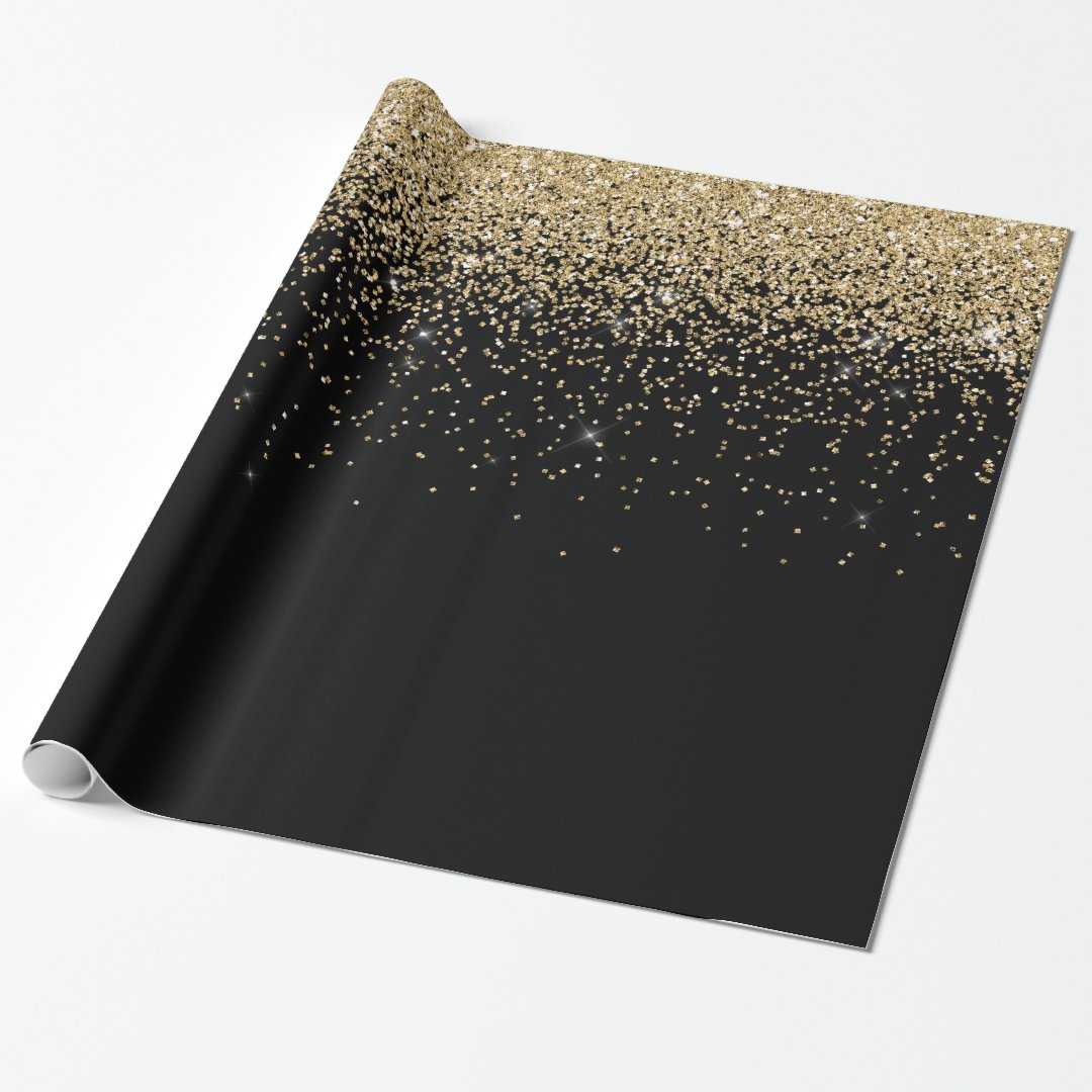 Glam Cascades of Gold Glitter Black Background Wrapping Paper | Zazzle