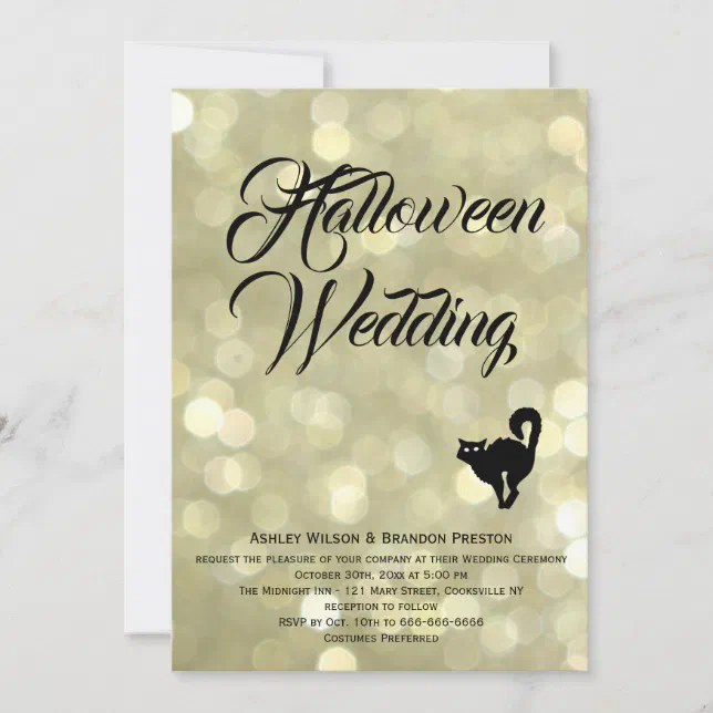 Glam Cat on Gold Halloween Wedding Invitation | Zazzle