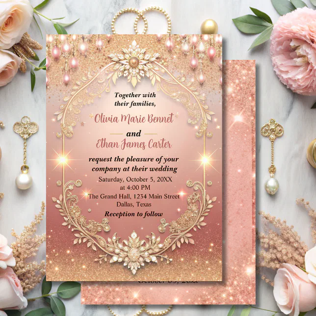 glam chic rose gold Glitter gold frame wedding Invitation | Zazzle