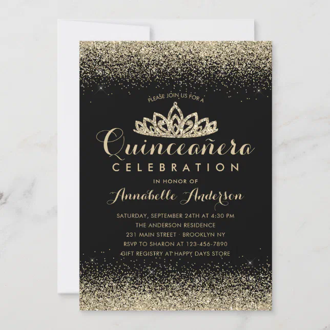 Glam Classic Black Quinceañera Gold Tiara Glitter Invitation | Zazzle