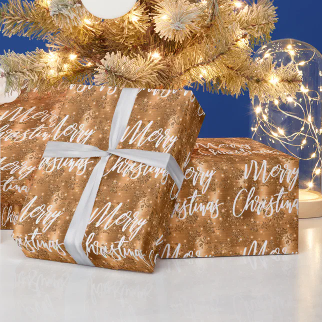 Glam Copper Floral Glitter Merry Christmas Script Wrapping Paper | Zazzle