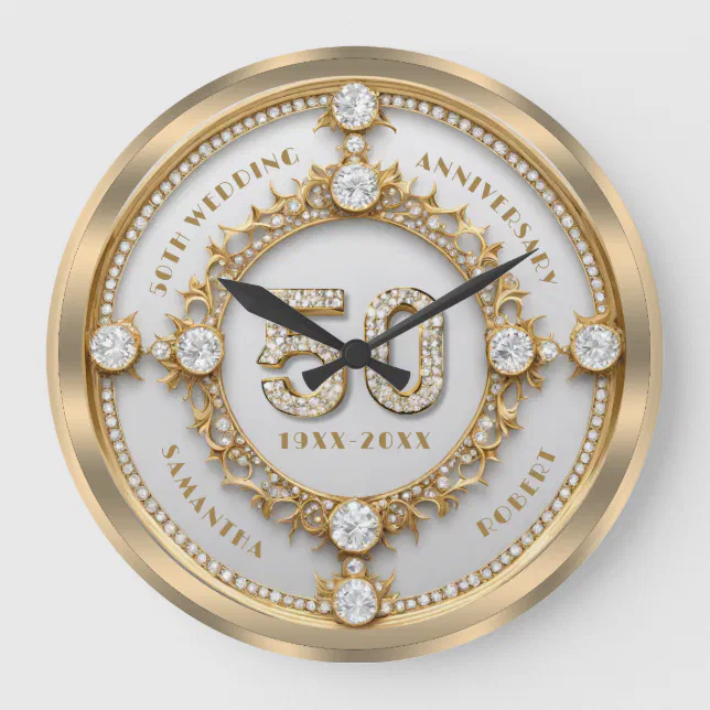 Glam Diamond & Gold Frame 50th Wedding Anniversary Large Clock | Zazzle