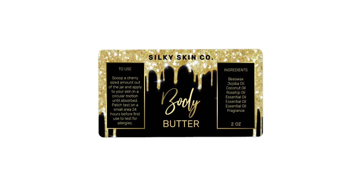 Glam Dripping Glitter Black And Gold Body Butter Label | Zazzle