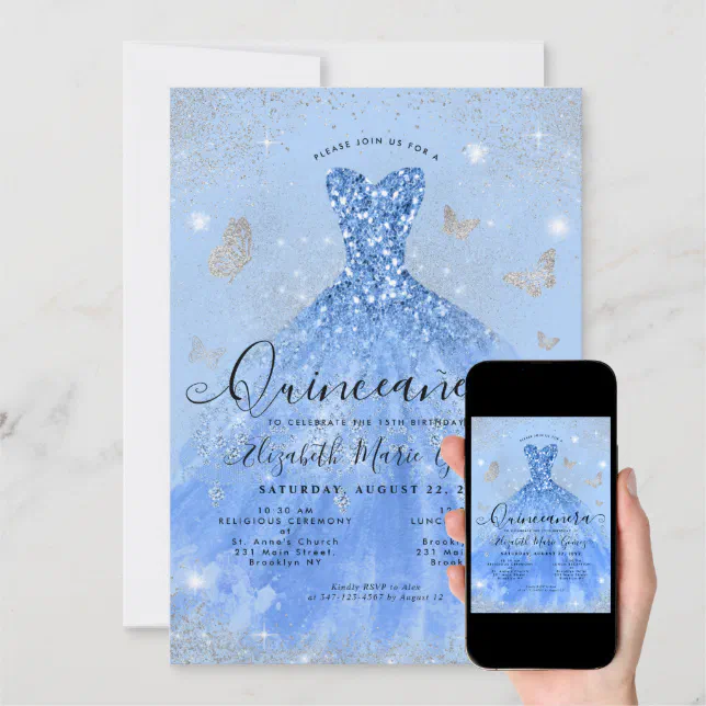 Glam Dusty Blue Silver Glitter Gown Quinceanera Invitation | Zazzle