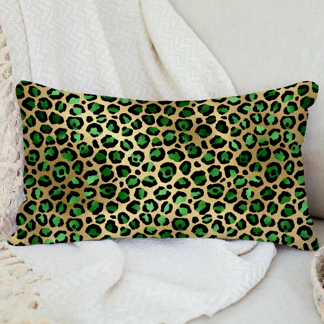 Glam Emerald Green Gold Leopard Spots Pattern Lumbar Pillow | Zazzle