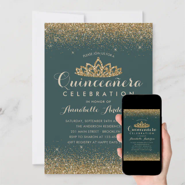 Glam Emerald Green Quinceañera Gold Tiara Glitter Invitation | Zazzle
