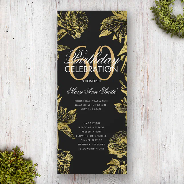 Glam Floral 60th Birthday Program Gold Black Menu | Zazzle