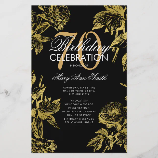 Glam Floral 70th Birthday Program Gold Black Menu Flyer | Zazzle