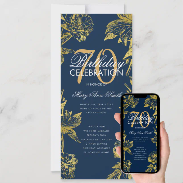 Glam Floral 70th Birthday Program Gold Navy Menu | Zazzle