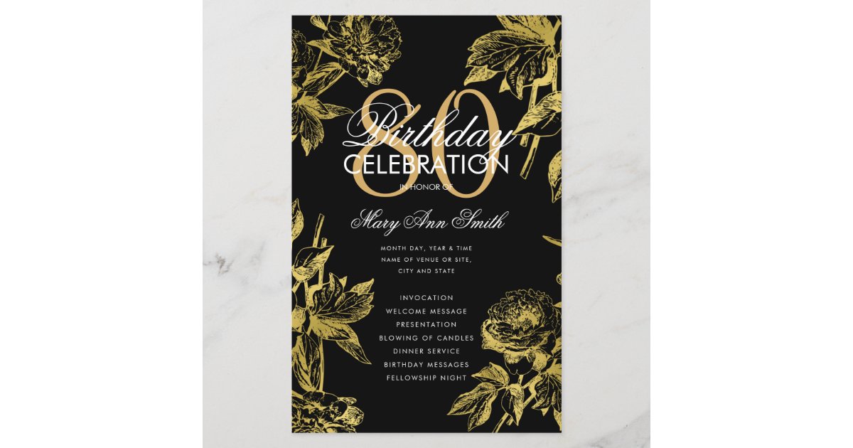 Glam Floral 80th Birthday Program Gold Black Menu | Zazzle