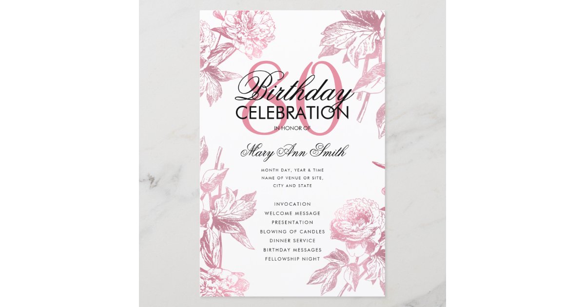 Glam Floral 80th Birthday Program Rose Gold Menu | Zazzle
