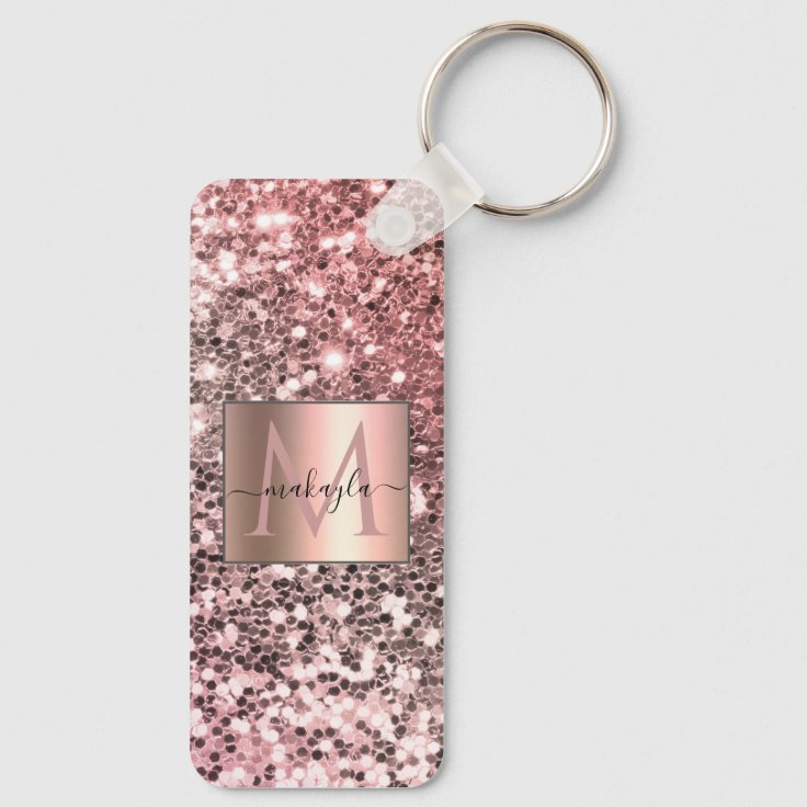Glam Girly Blush Pink Gitter Design Name Monogram Keychain | Zazzle