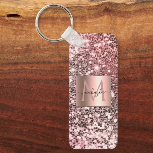 Glam Girly Blush Pink Gitter Design Name Monogram Keychain | Zazzle