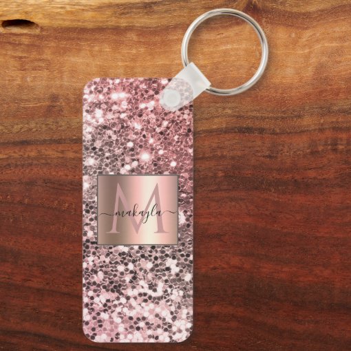 Glam Girly Blush Pink Gitter Design Name Monogram Keychain | Zazzle