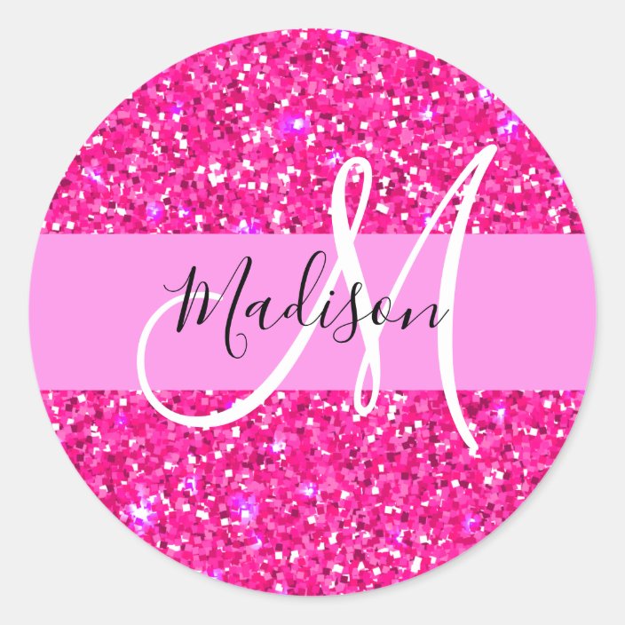 Glam Girly Hot Pink Glitter Sparkles Name Monogram Classic Round ...