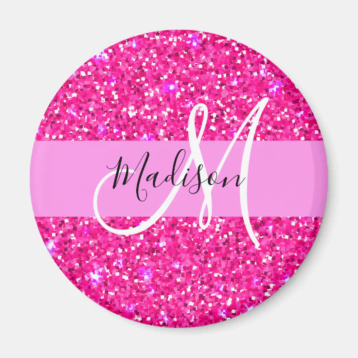 Glam Girly Hot Pink Glitter Sparkles Name Monogram Magnet | Zazzle