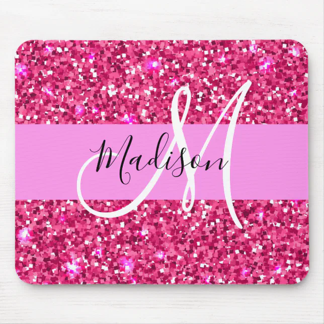 Glam Girly Hot Pink Glitter Sparkles Name Monogram Mouse Pad | Zazzle