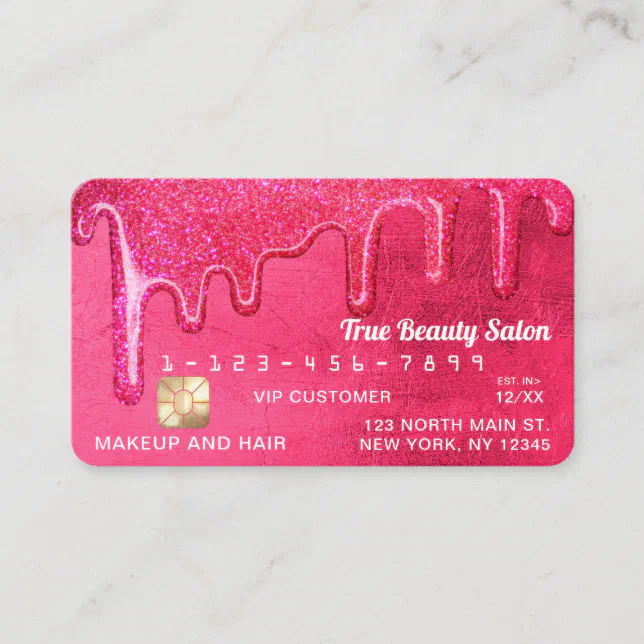 Glam Girly Neon Pink Thick Glitter Drips Credit Business Card | Zazzle