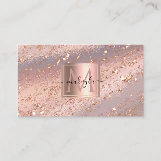 Glam Girly Rose Gold Flakes Gitter Monogram Business Card | Zazzle