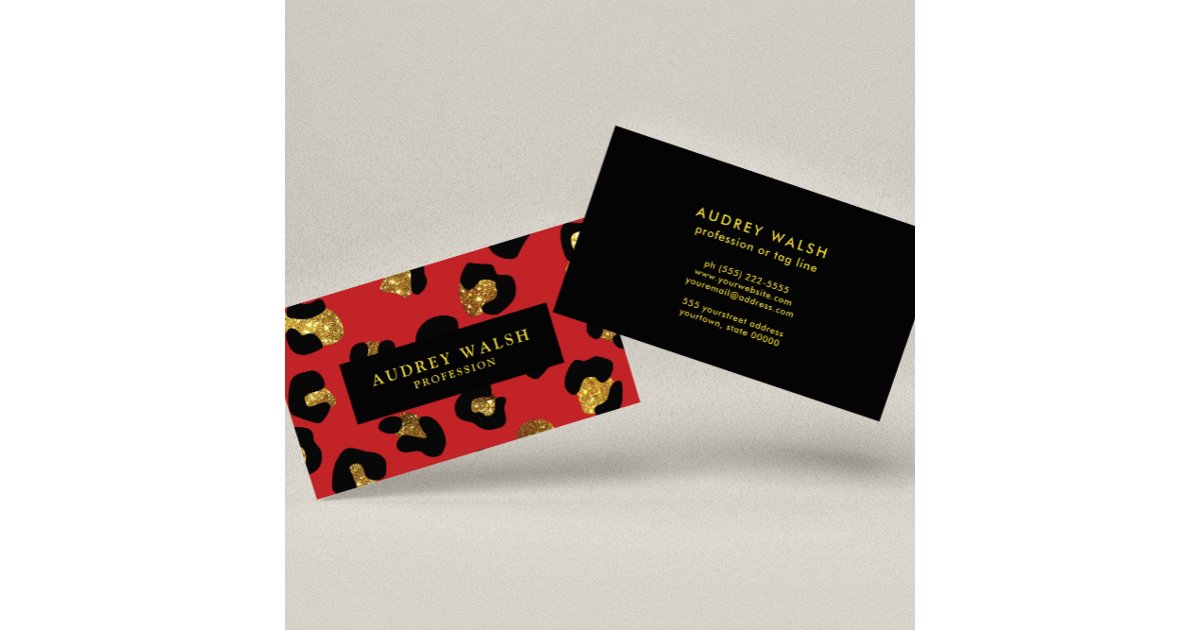 Glam Glitter Gold Red Leopard print Luxury Business Card | Zazzle