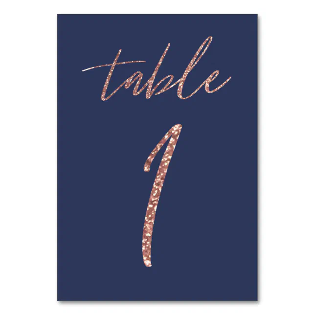 Glam Glitter Rose Gold and Blue Wedding Table Number | Zazzle