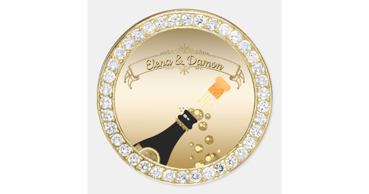 Glam Gold Champagne & Diamonds Engagement Party Classic Round Sticker ...