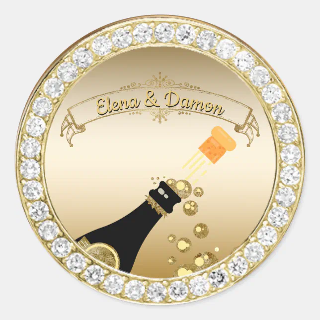 Glam Gold Champagne & Diamonds Engagement Party Classic Round Sticker ...