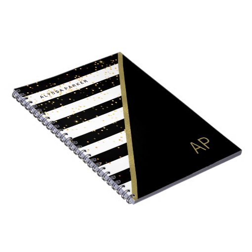 Glam Gold Confetti and Black and White Stripes Notebook | Zazzle