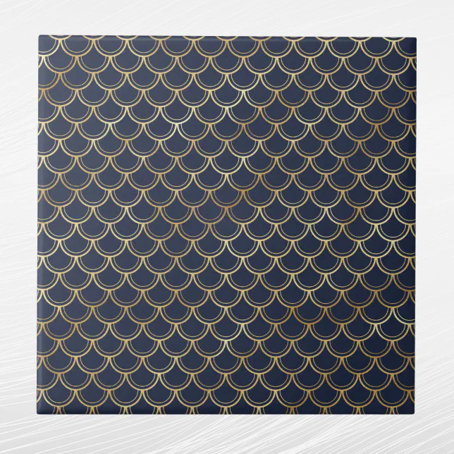 Glam Gold Fish Scales Navy Blue Ceramic Tile | Zazzle