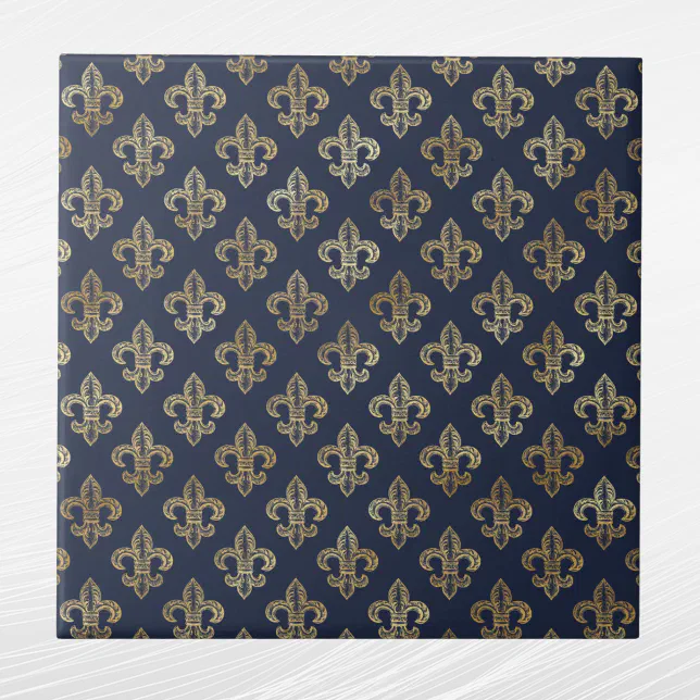 Glam Gold Fleur de Lis Navy Blue Ceramic Tile | Zazzle