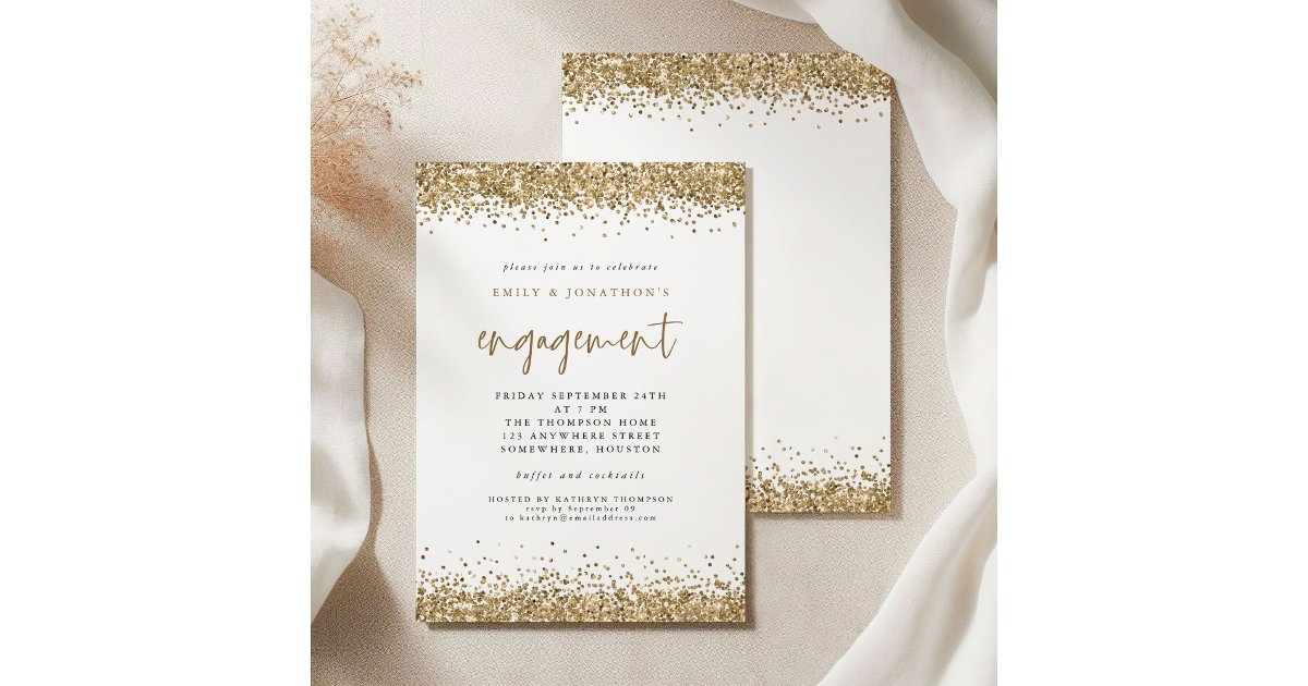 Glam Gold Glitter Borders Engagement Invitation | Zazzle
