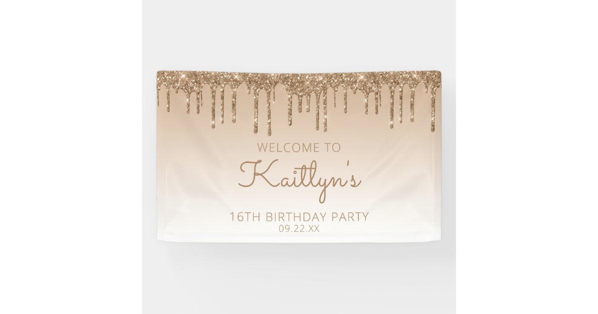 Glam Gold Glitter Drip 16th Birthday Party Banner | Zazzle