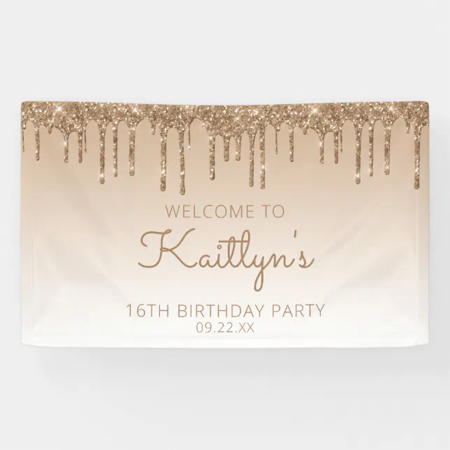 Glam Gold Glitter Drip 16th Birthday Party Banner | Zazzle