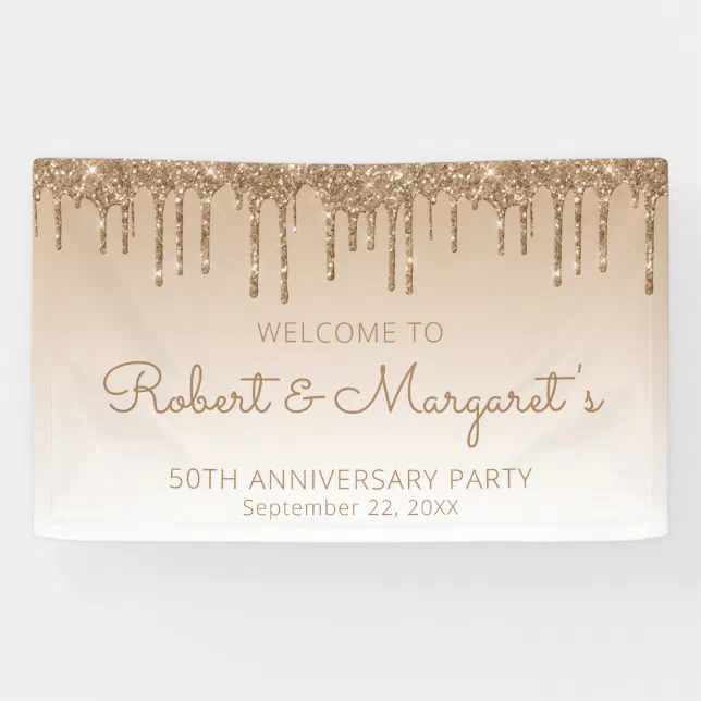 Glam Gold Glitter Drip 50th Anniversary Party Banner | Zazzle