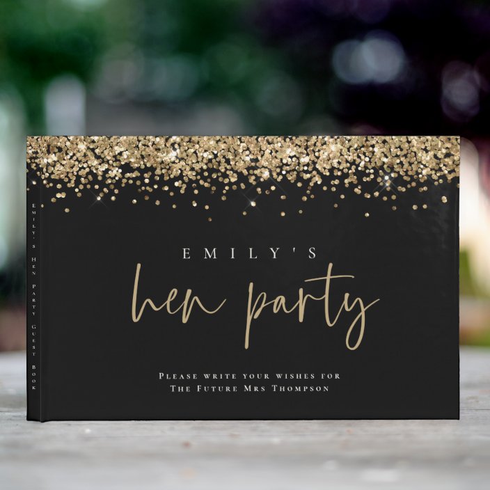 Glam Gold Glitter Hen Party Black Guest Book | Zazzle.com
