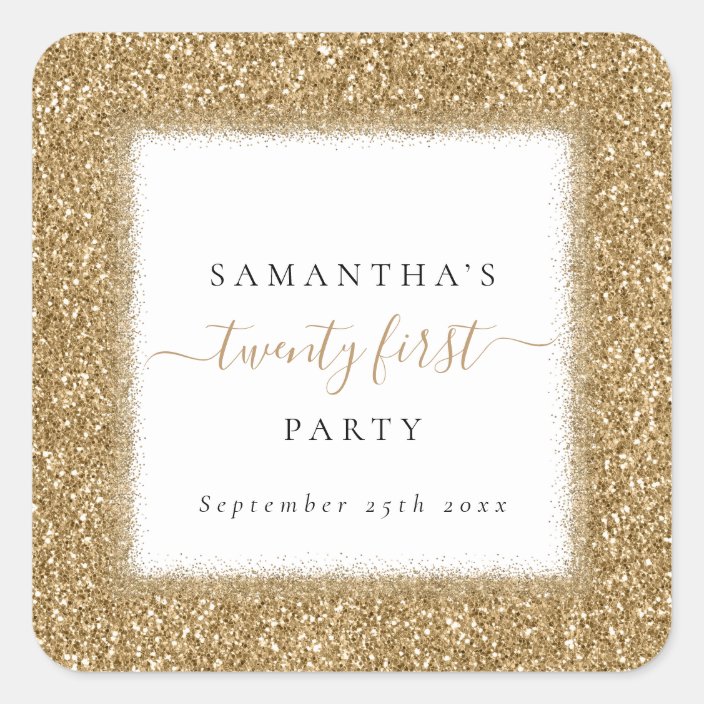 Glam Gold Glitter Name 21st Birthday Party Square Sticker | Zazzle.com