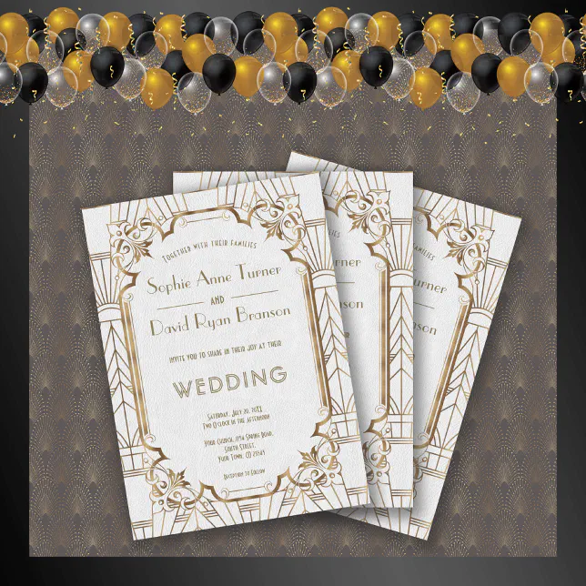 Glam Gold Great Gatsby White Art Deco 20s Wedding Invitation | Zazzle