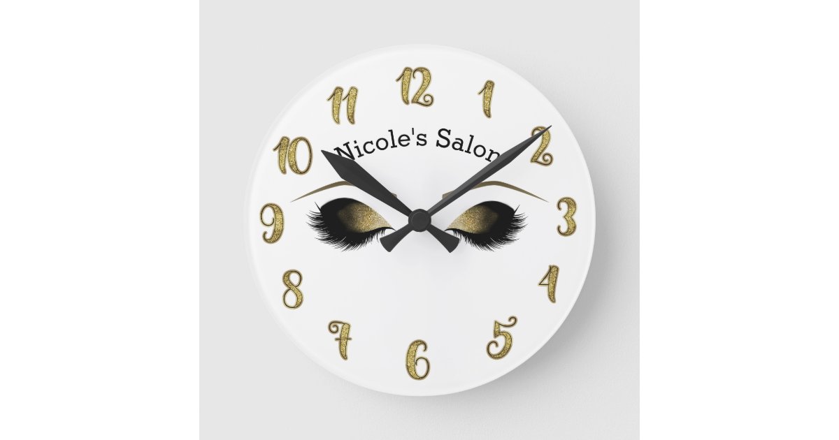 Glam Gold Makeup Eyes & Lashes Personalized Round Clock | Zazzle