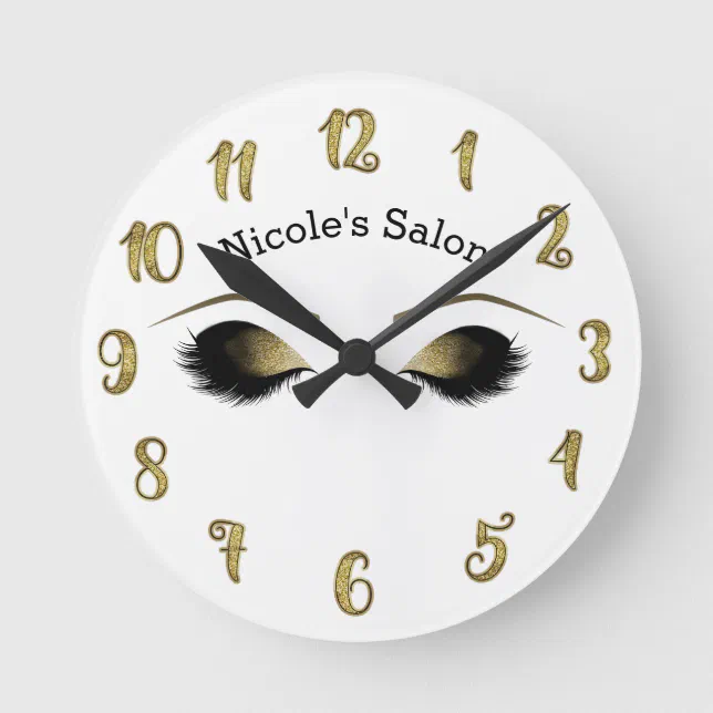 Glam Gold Makeup Eyes & Lashes Personalized Round Clock | Zazzle