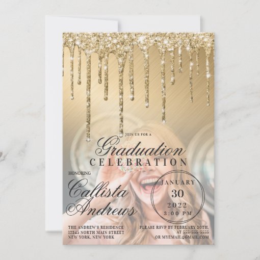 Glam Gold Metallic Glitter Drip Photo Graduation Invitation | Zazzle
