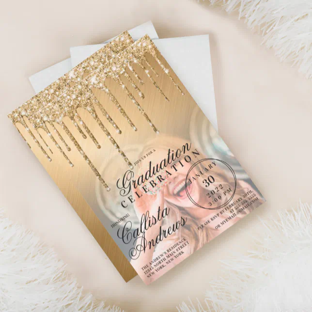 Glam Gold Metallic Glitter Drip Photo Graduation Invitation | Zazzle